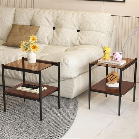 Set Of 2 Rectangle End Table Tempered Glass Tabletop With Mdf Layer