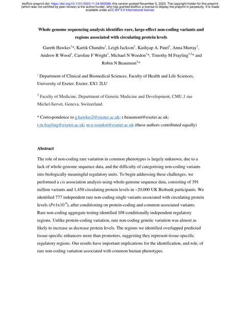 Pdf Whole Genome Sequencing Analysis Identifies Rare Large Effect Non Coding Variants And