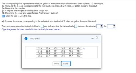 Solved The Accompanying Data Represent The Miles Per Gallon Of A