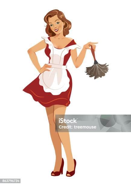 벡터 일러스트 레이 션 아름 다운 웃는 젊은 여자의 하이 힐 빨간 드레스와 하얀 앞치마 입고 빈티지 레트로 핀 업 걸 스타일 깃털 살포 기를 들고 백색에 절연 되어 있습니다