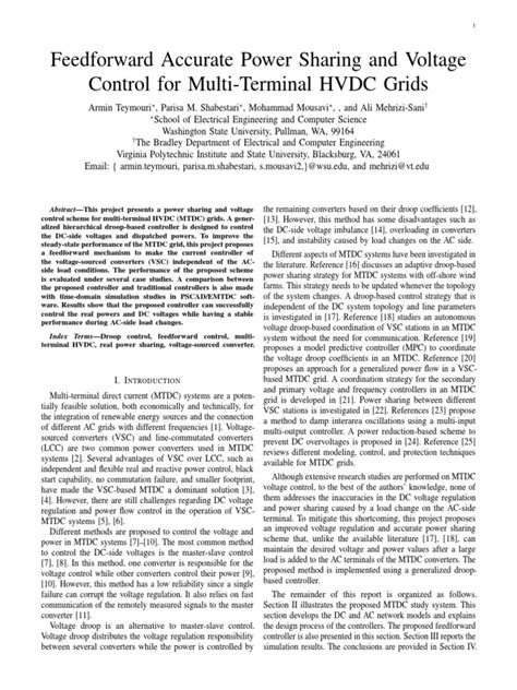 Feedforward Accurate Power Sharing And Voltage Control For Multi Terminal Hvdc Grids Pdf Ac