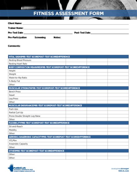 Fitness Assessment Form Printable Pdf Download