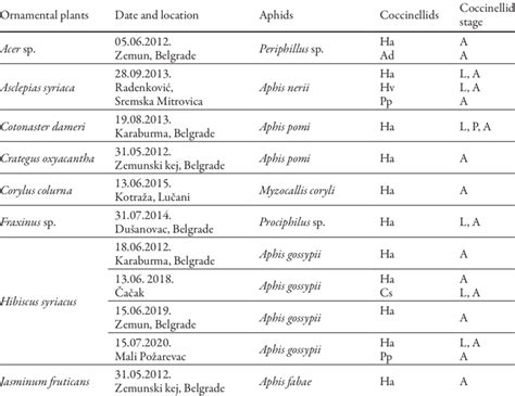Ornamental Plants Infested With Aphids Used By H Axyridis And Native