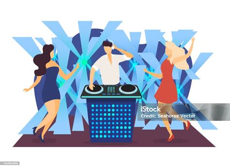 야간 음악 파티 여성 댄스 캐릭터 남성 Dj 는 흰색 평면 벡터 일러스트에 고립 된 클럽 트랙을 재생합니다 하룻밤 음악 반주 Dj에 대한 스톡 벡터 아트 및 기타 이미지