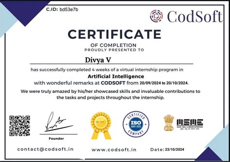 Divya V On Linkedin Artificialintelligence Ai Internship Learning Growth Codsoft