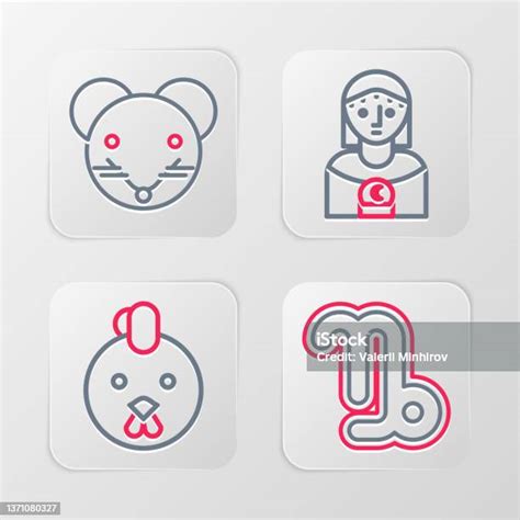 세트 라인 염소 자리 조디악 수탉 점성술 여자와 쥐 아이콘 벡터 궁수자리에 대한 스톡 벡터 아트 및 기타 이미지 궁수자리 깃털 농장 Istock