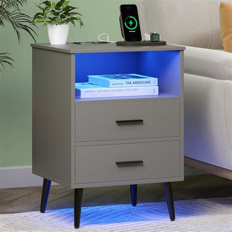 Fredees Grey Night Stand With Charging Station And Led
