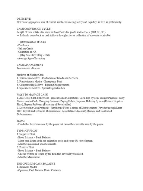 Current Asset Management Pdf Cash Float Money Supply