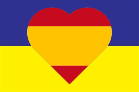 우크라이나의 국기에 스페인의 국기의 색상에 그려진 마음 파란색 노란색 배경에 스페인의 국가 상징과 마음의 그림 우크라이나에 대한 스톡 벡터 아트 및 기타 이미지 Istock