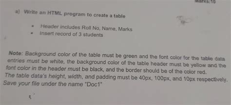 Solved A Write An HTML Program To Create A Table Header Chegg