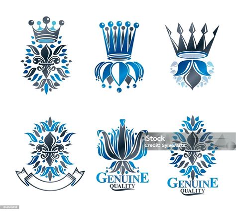 로얄 기호 백합 꽃 꽃 및 크라운 엠 블 럼 설정합니다 전 령 벡터 디자인 요소 컬렉션입니다 레트로 스타일 레이블 문장 학입니다 고풍스런에 대한 스톡 벡터 아트 및 기타