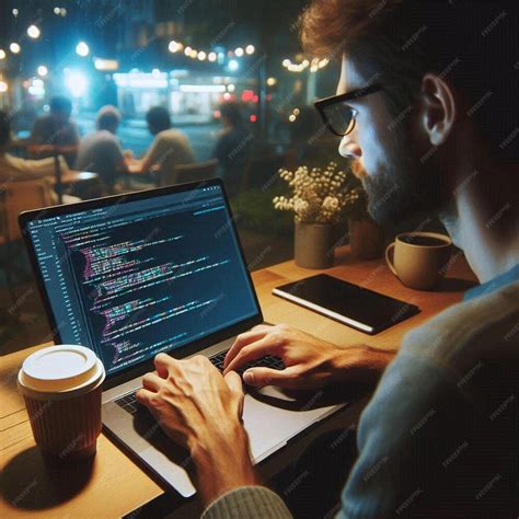 Premium Photo Programmer Debugging Code At A Coffee Shop At Night