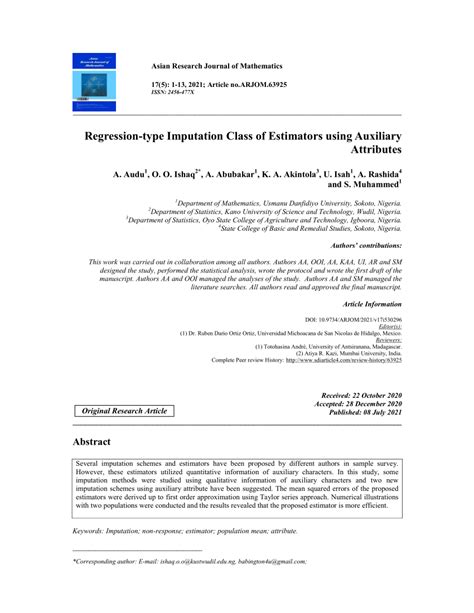 Pdf Regression Type Imputation Class Of Estimators Using Auxiliary