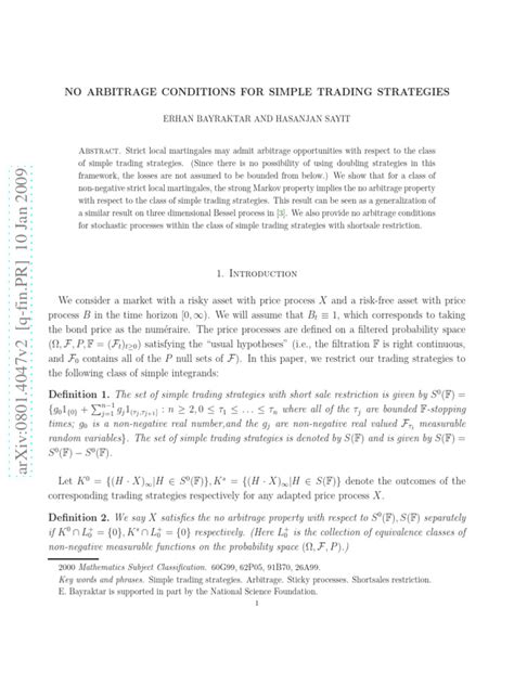 No Arbitrage Conditions For Simple Trading Strategies Pdf Measure Mathematics