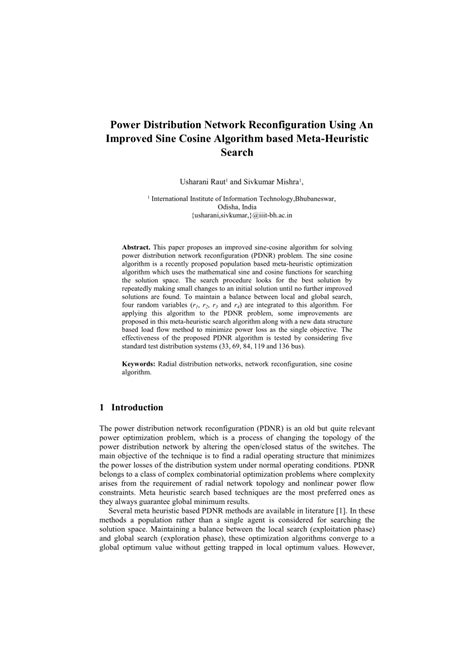 Pdf Power Distribution Network Reconfiguration Using An Improved Sine Cosine Algorithm Based