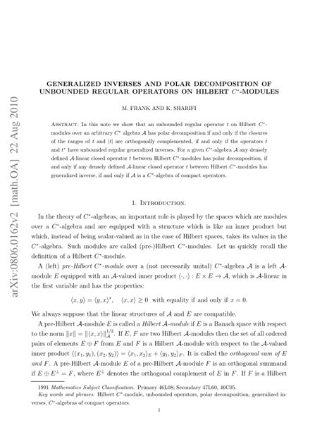 Pdf Generalized Inverses And Polar Decomposition Of Unbounded Regular Operators On Hilbert C