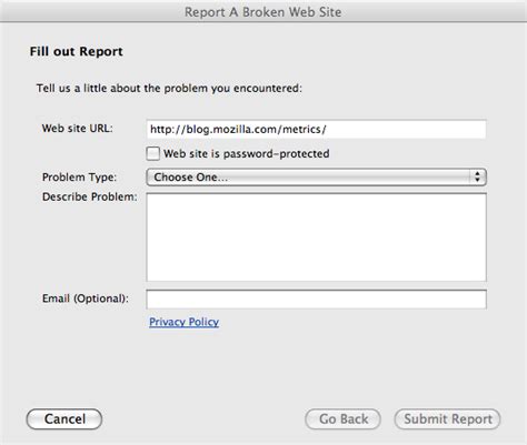 when a firefox user reports a broken web site blog of metrics