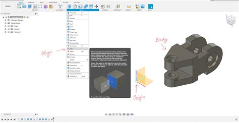 how do you move an object to the origin in fusion 360 cad design