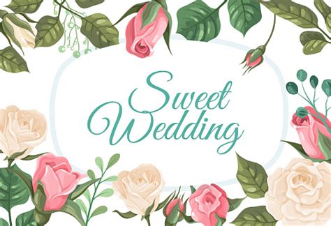 장미와 웨딩 카드 우아한 분홍색과 흰색 꽃 녹색 잎 꽃 초대장 및 식물 인사말 디자인 봄 여름 프레임 벡터 일러스트 레이 션이있는 낭만적 인 엽서 결혼식에 대한 스톡 벡터