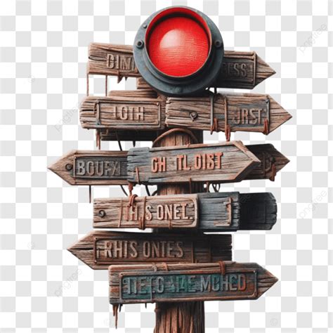 다양한 화살표와 다양한 기발한 목적지 이름을 특징으로하는 빨간색 신호등이있는 나무 표지판 나무 푯말 여러 화살표 빨간