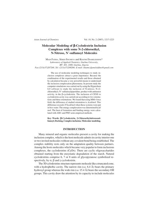 Pdf Molecular Modeling Of β Cyclodextrin Inclusion Complexes With Some N 2 Chloroethyl N