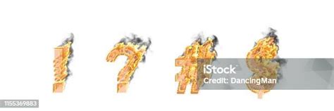 예술적 디자인 글꼴 조밀 한 불타는 화재 및 연기 느낌표 물음표 숫자 기호 및 달러페소 기호에 고립 된 흰색3d 그림 기호 3차원 형태에 대한 스톡 사진 및 기타 이미지