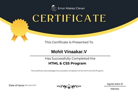 Mohit Vinaakar On Linkedin Hi All This Is The Certificate For Completing Html And Css With Error