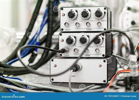 Various Wires And Cables Connected To 3 Science Laboratory Electric Signal Processing And