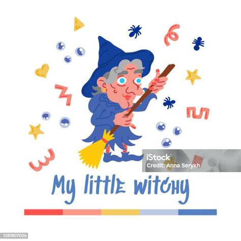 빗자루와 할로윈 만화 캐릭터 귀여운 마녀 여성과 작은 패턴으로 손으로 그린 벡터 그림 미스터리 모든 성도의 날 할로윈 포스터 인사말 카드의 개념 개념에 대한 스톡 벡터 아트