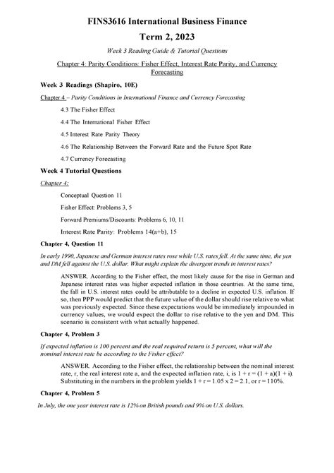 Week 3 Tutorial Solutions Fins3616 International Business Finance Term 2 2023 Week 3 Reading