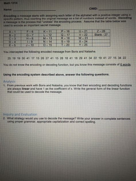 Solved Math 1314 Inverse Functions Cryptology Is The Science