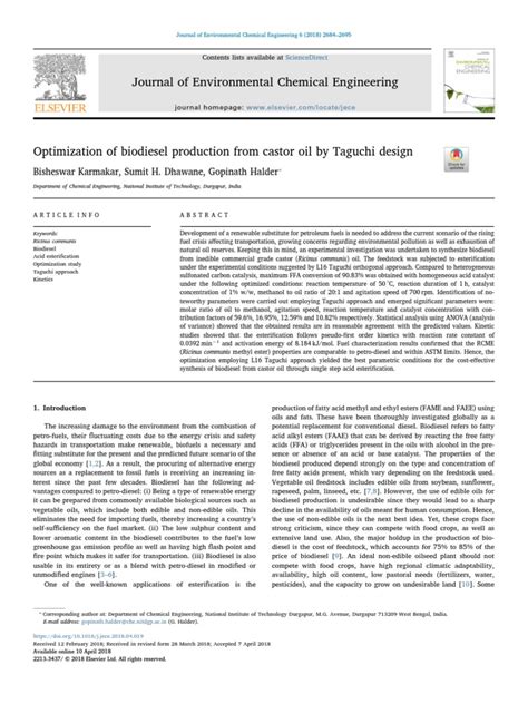 Optimization Of Biodiesel Production From Castor Oil By Taguchi Design Pdf Biodiesel