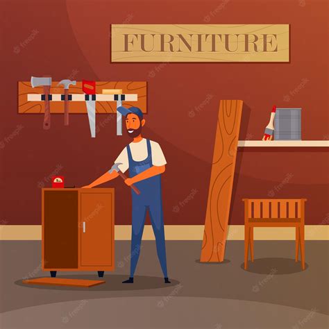 Premium Vector A Man Working In A Workshop With Furniture On The Wall