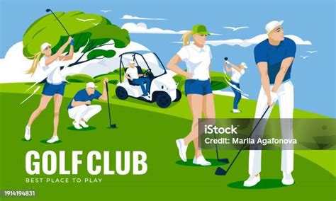 운동선수와 함께 수평 장면이 있는 골프 코스 녹색 잔디밭의 풍경입니다 취미 라이프스타일 프로 스포츠 및 대회 벡터 평면 그림 골프 스윙에 대한 스톡 벡터 아트 및 기타