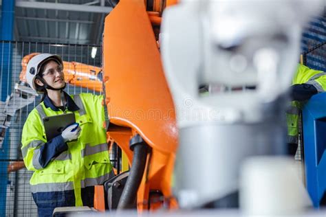 Female Engineer Using Tablet Checking System Robot Arm Automate Robotic Automation In Line