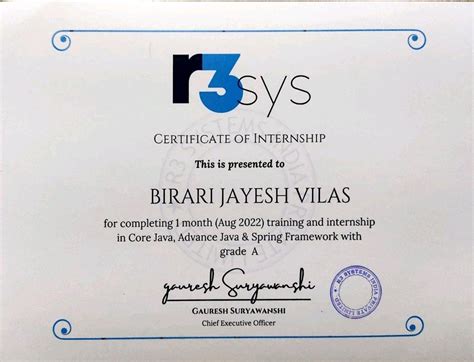Jayesh Birari On Linkedin R3sys Javaprogramming Intership Experience Oppurtunity Training