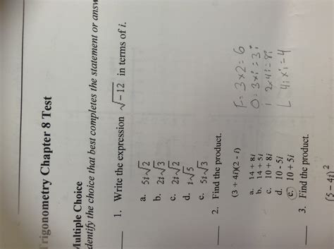 Solved Trigonometry Chapter Test Multiple Choice Chegg