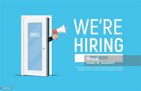 우리는 디자인 템플릿 비즈니스 배너를 고용 하 고 있습니다 고용 모집 사업가 사무실의 문에 확성기를 보유 하 고 있습니다 공석을 엽니다 평면 스타일에서 벡터 일러스트입니다