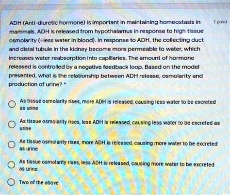 Adh Anti Diuretic Hormone Is Important In Maintaining Homeostasis In Mammals Adh Is Released
