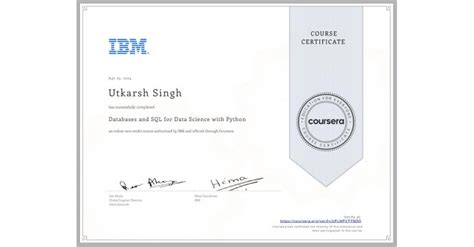 Completion Certificate For Databases And Sql For Data Science With