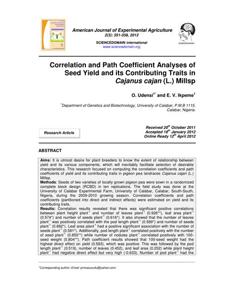 Pdf Correlation And Path Coefficient Analyses Of Seed Yield And Its
