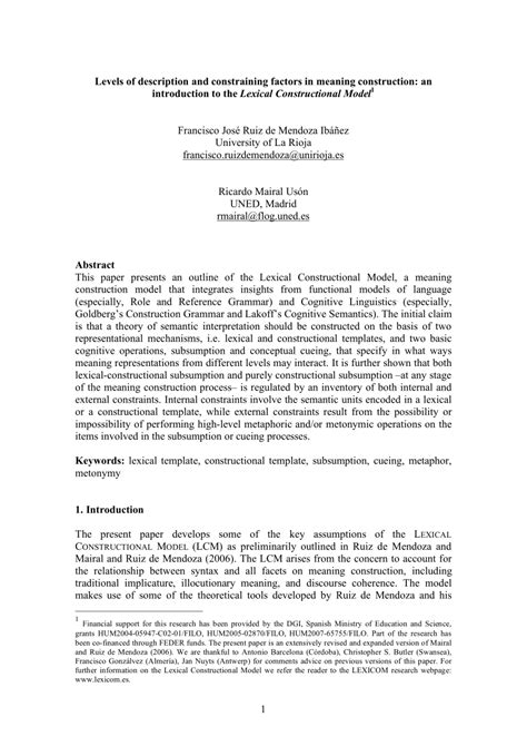 Pdf Levels Of Description And Constraining Factors In Meaning Construction An Introduction To