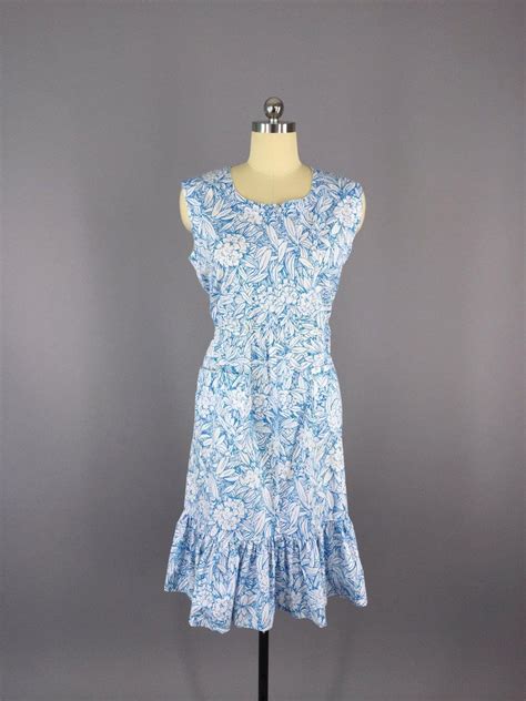 Vintage 1970s Dress Blue Tropical Print Thisbluebird