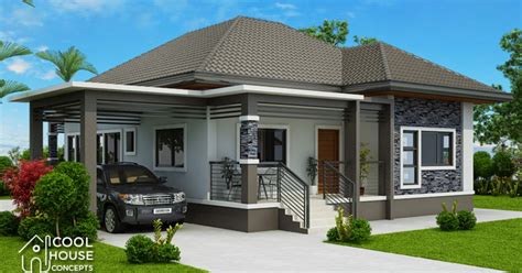 แบบบ้านยกพื้นทรงปั้นหยา โดดเด่นด้วยโทนสีเทาอ่อน 3 ห้องนอน 2 ห้องน้ำ พร้อมโรงจอดรถ Naibann ใน