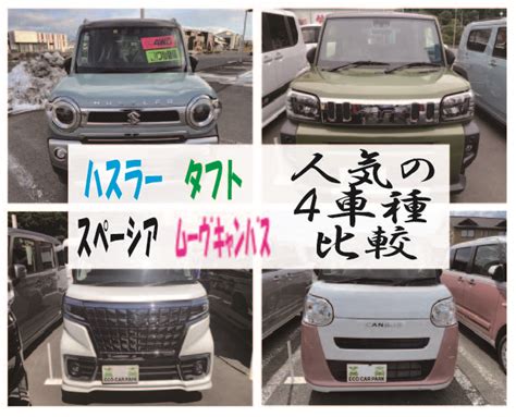 【令和6年最新版】新社会人＆新生活におすすめ！人気の軽自動車4車種比較 インフォメーション｜エコカーパーク｜岩手･一関で軽自動車最大級500台在庫