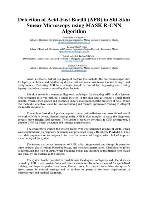 Detection Of Acid Fast Bacilli Afb In Slit Skin Smear Microscopy Using Mask R Cnn Algorithm