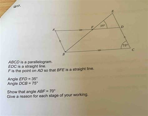 Solved Q17 Abcd Is A Parallelogram Edc Is A Straight Line F Is The