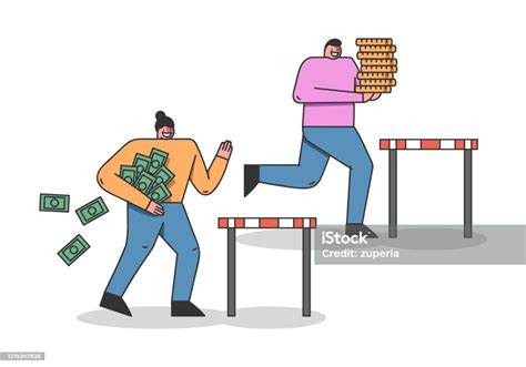 실행 첨탑 경쟁 은유의 개념 쾌활한 캐릭터는 돈을 잃고 금 주위를 들고 장벽을 뛰어 넘어 점프를 승리하려고합니다 만화 선형 플랫 스타일입니다 벡터 일러스트레이션 개념에 대한