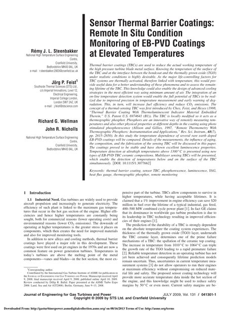 Pdf Sensor Thermal Barrier Coatings Remote In Situ Condition Monitoring Of Eb Pvd Coatings At