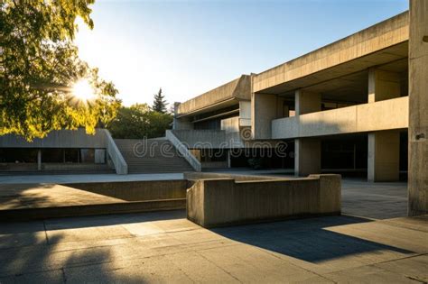 A Brutalist Building At Sunset With Sharp Angular Lines Heavy Concrete Surfaces And Long